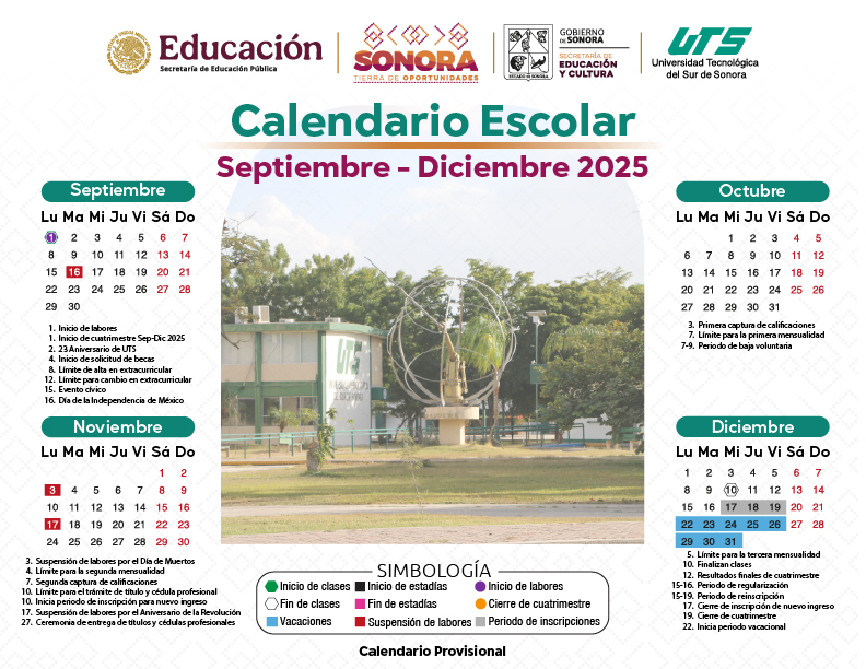 Universidad Tecnológica del Sur de Sonora - Calendario Escolar